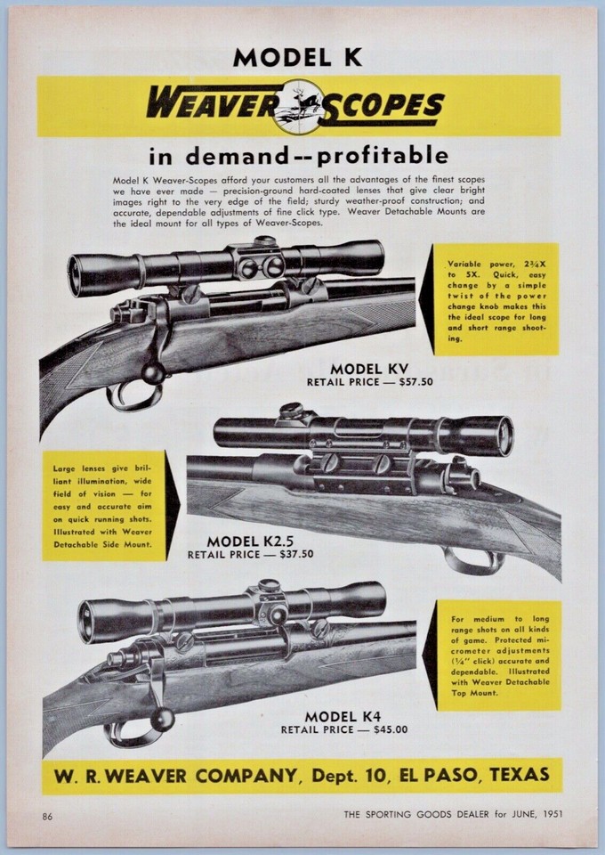1951 Weaver Scopes Model K Print Ad Flyer El.Paso Texas | eBay