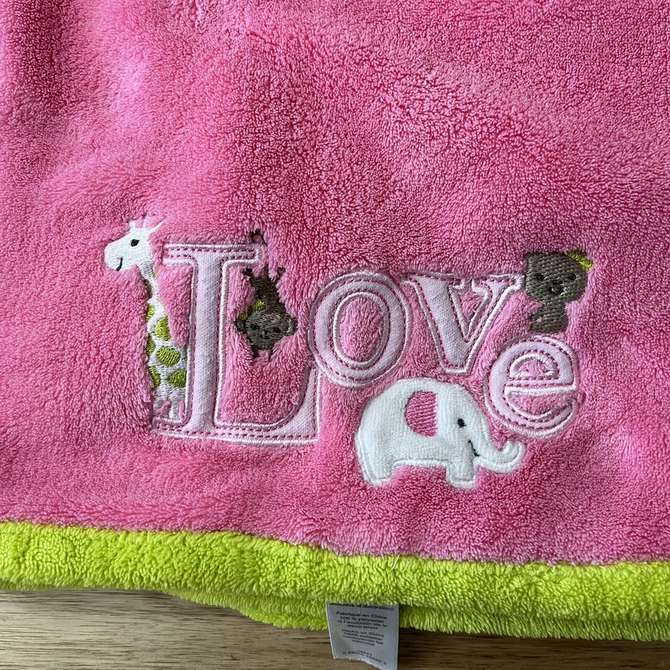 Just One You Love Baby Blanket Pink Green Trim Elephant Giraffe Monkey ...