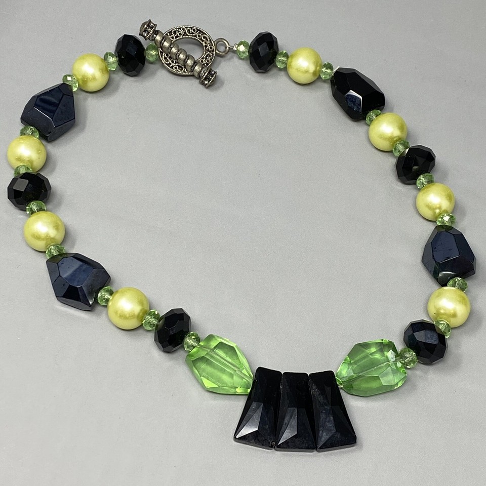 Chunky Runway Necklace Black Green Glass Bead Facet Cut Fringe Acrylic ...
