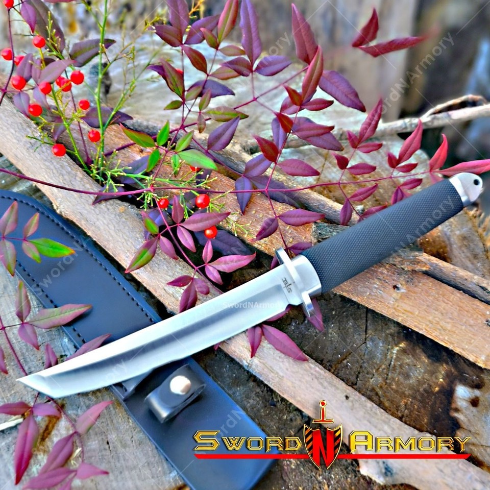 12 1/4" Tactical Tanto Fixed Blade with Rubber Handle Leather Sheath ...