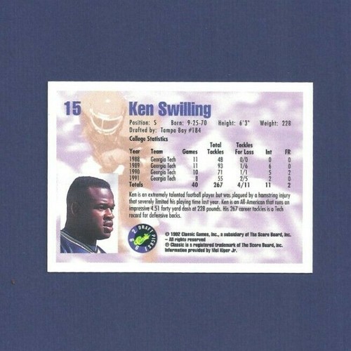 NFL 1992 Classic Football KEN SWILLING #15 Georgia Tech Yellow Jackets ...