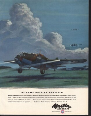 1941 MARTIN AIRCRAFT MILITARY BOMBER AVIATION HUBBELL AIRPLANE ARTIST ...