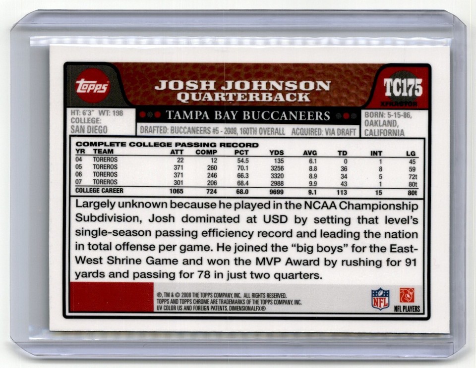 2008 Topps Chrome Xfractor Josh Johnson RC Tampa Bay Buccaneers #TC175 ...