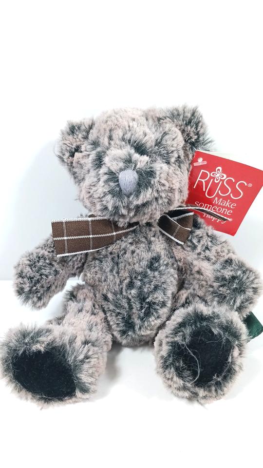 Russ Berrie Deegan Teddy Bear Plush Stuffed Animal Gray Brown Plaid Bow ...