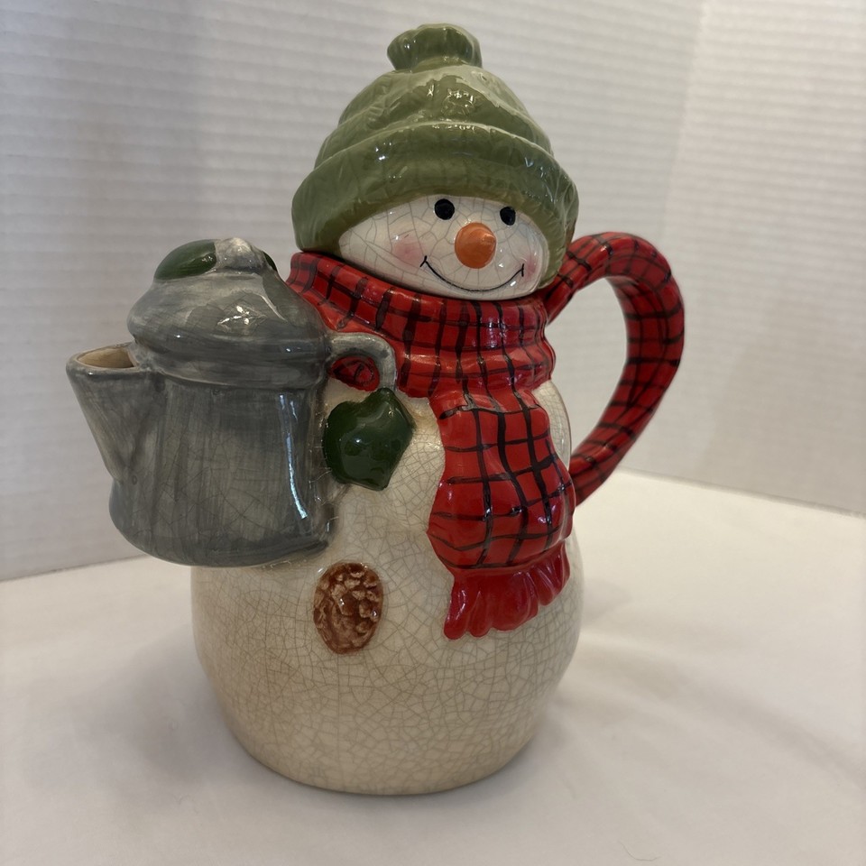 Adorable Holiday Ceramic Snowman Teapot with Red Scarf and Green Hat 9 ...