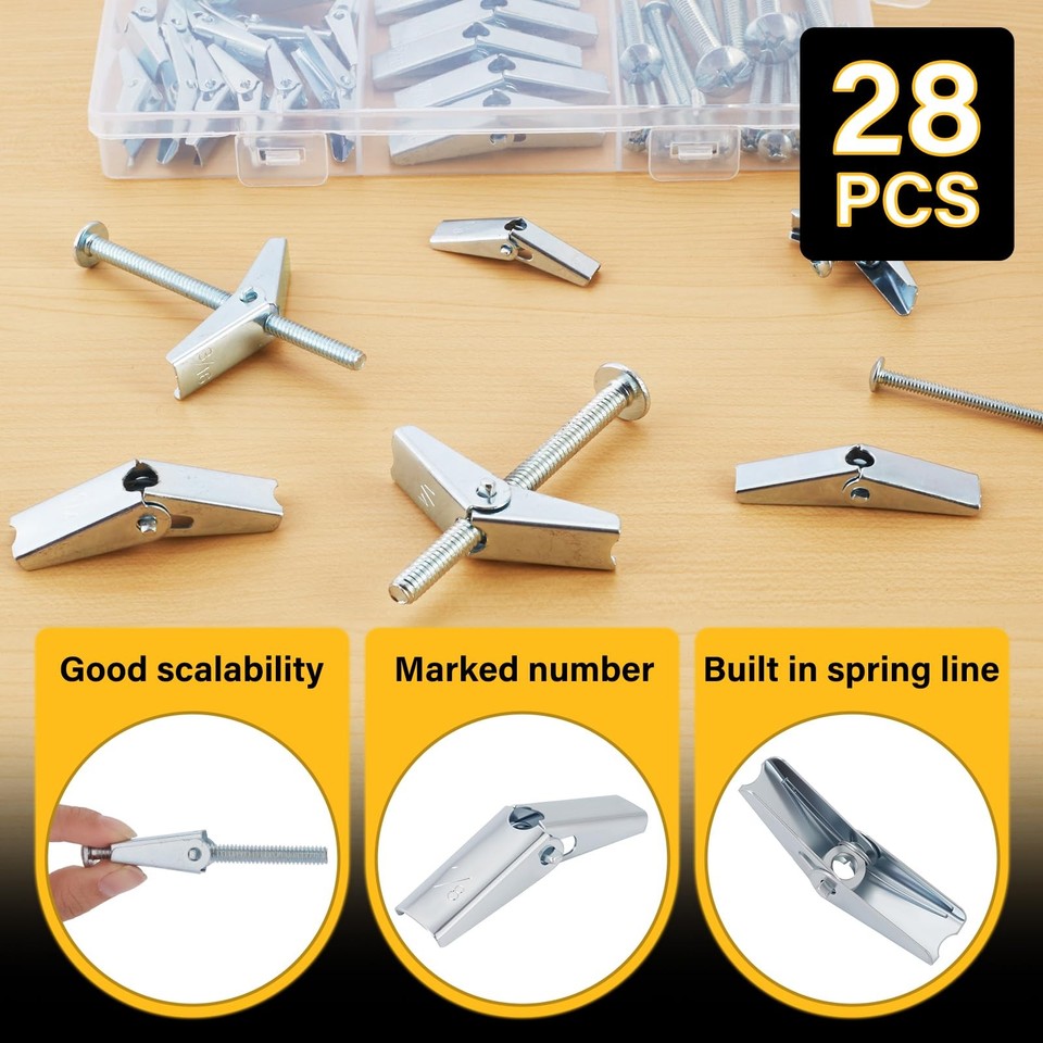 28PCS Toggle Bolts, Wing Nuts, Heavy Duty Hollow Wall Anchors for ...