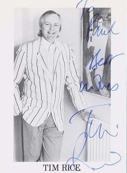 TIM RICE - SIGNED INSCRIBED 4 X 6 -BRITISH LYRICIST WORKED W/ LIOYD ...