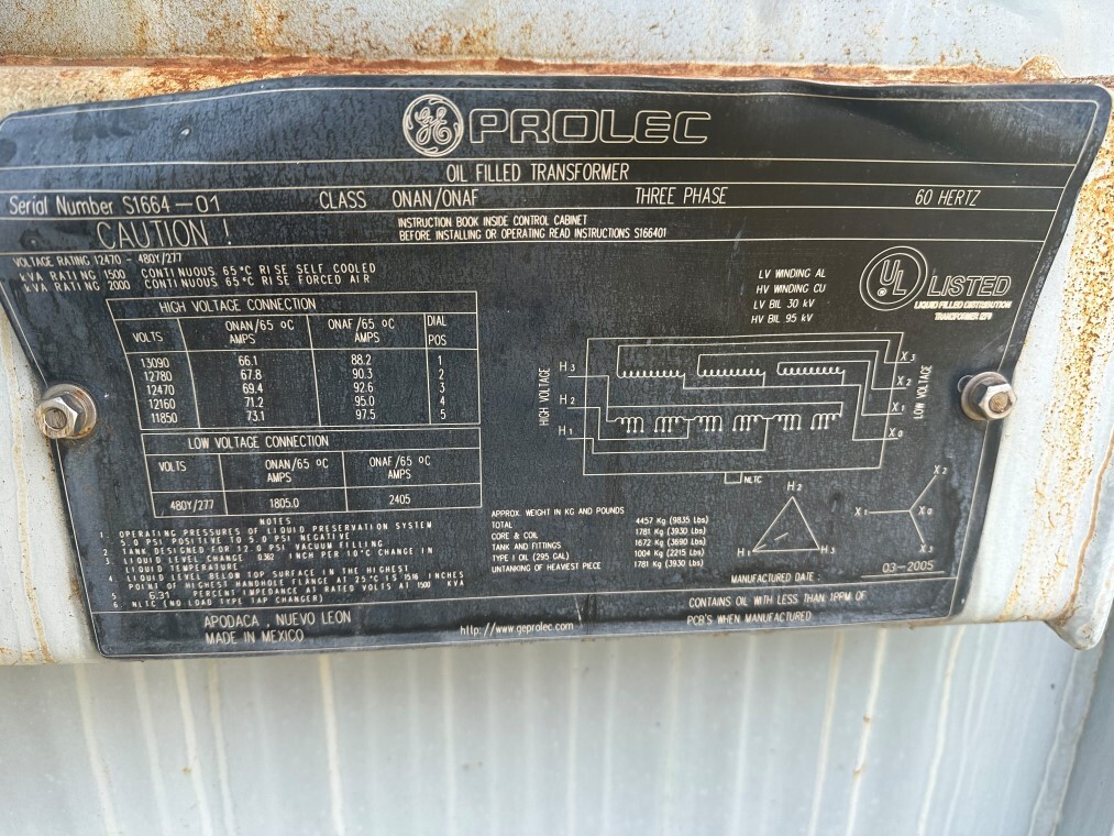 General Electric Prolec 1500 KVA Oil Transformer, 12.5 KV Pri, 480Y/277V Sec | eBay