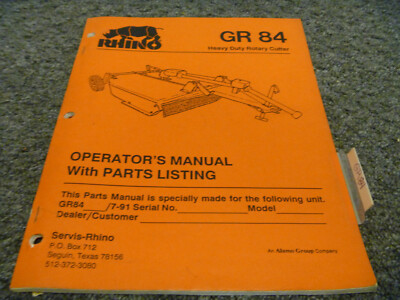 Rhino GR84 Rotary Cutter Parts Catalog User Owner Operator Maintenance ...