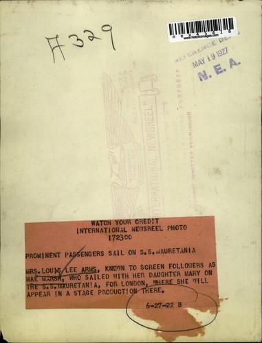 1927 Press Photo Mrs Louis Lee Arms, Mae Marsh Actress On SS Mauretania ...