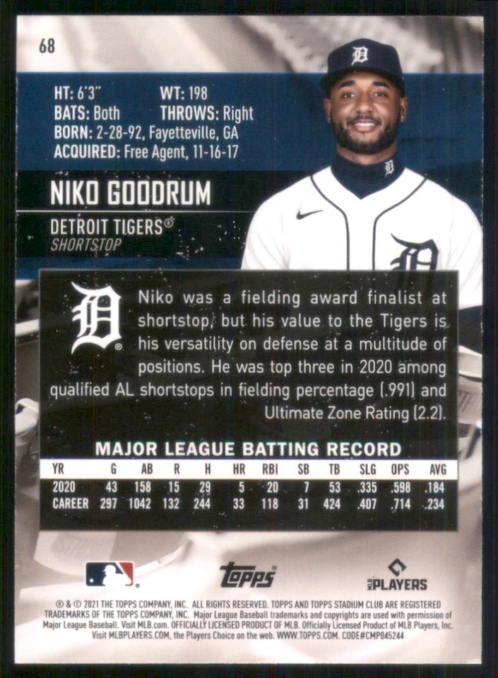 2021 Stadium Club #68 Niko Goodrum Detroit Tigers 47551 | eBay UK