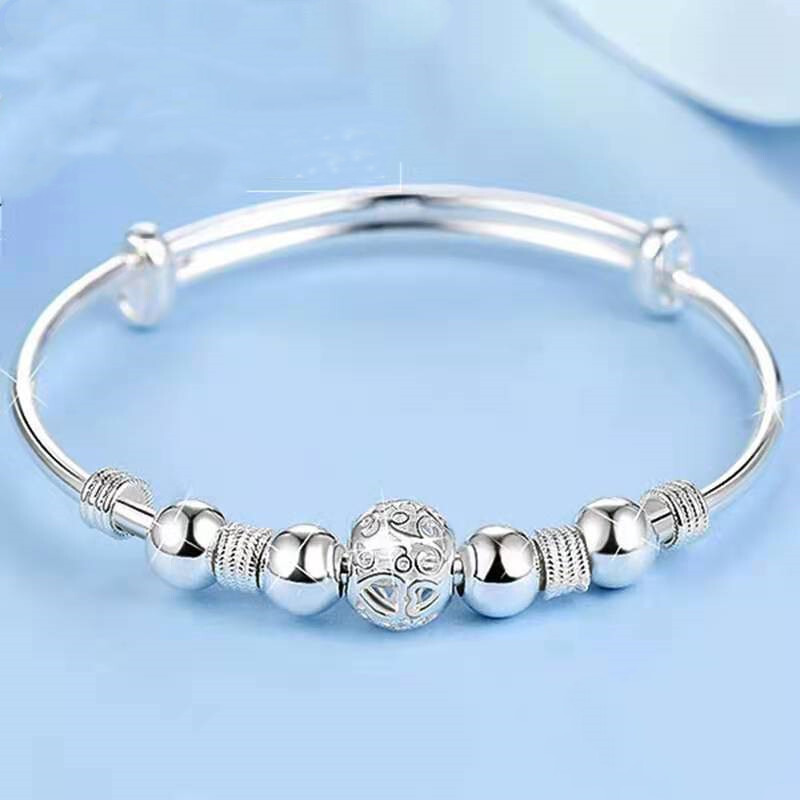 925 Sterling Silver Round Ball Charms Cuff Bangle Bracelet Wedding ...