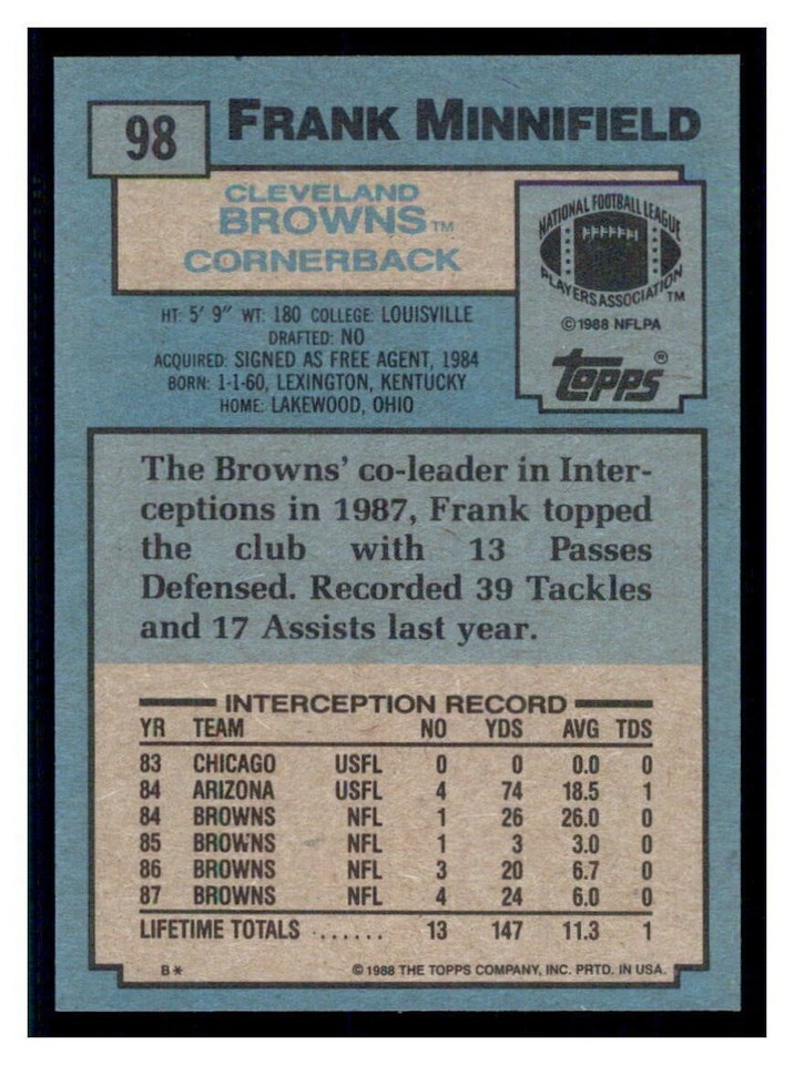 1988 TOPPS NFL Football Trading Card #98 🏈 FRANK MINNIFIELD, Cleveland ...