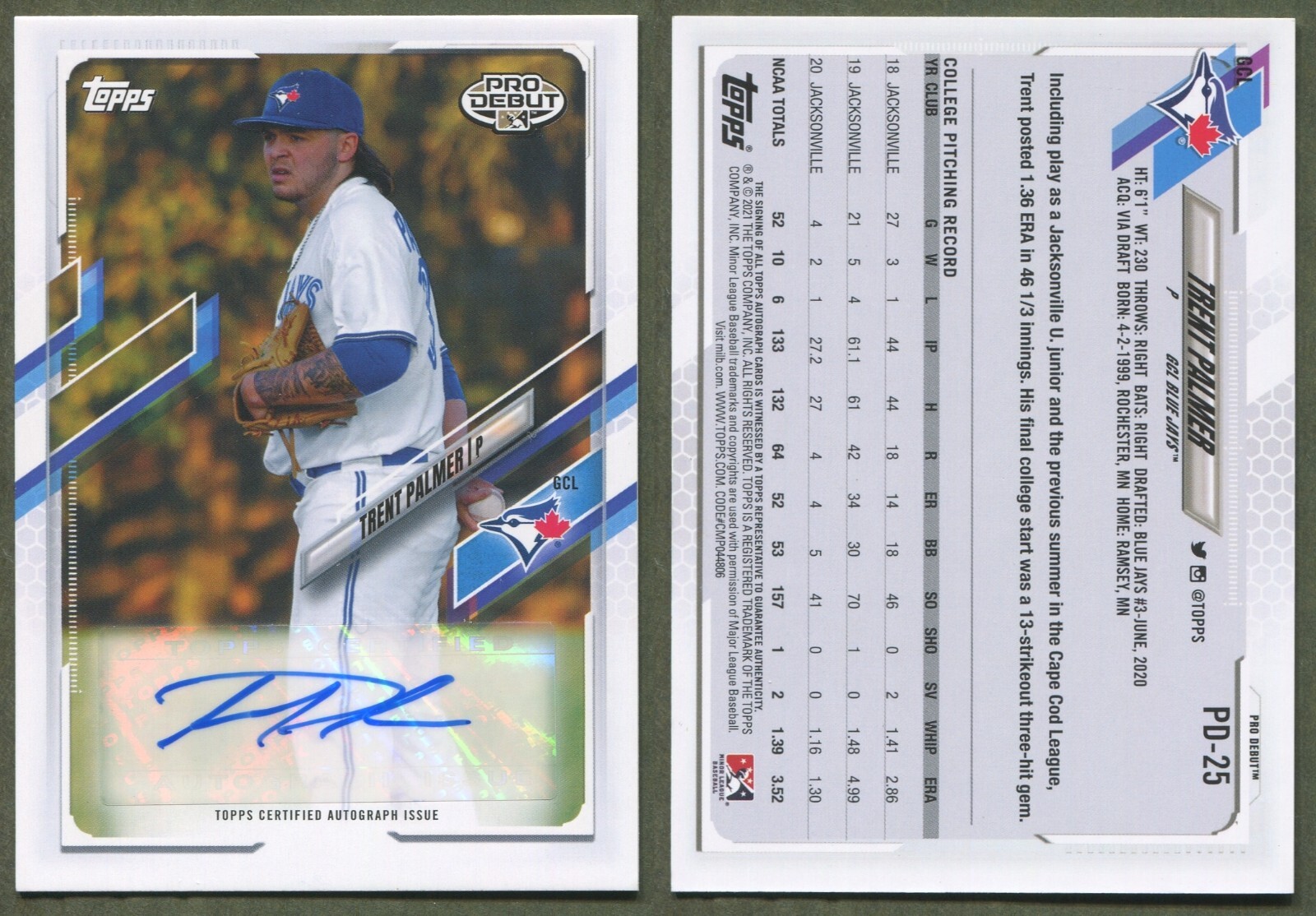 2021 Topps Pro Debut - Autographs - #PD-25 Trent Palmer - GCL Blue Jays ...
