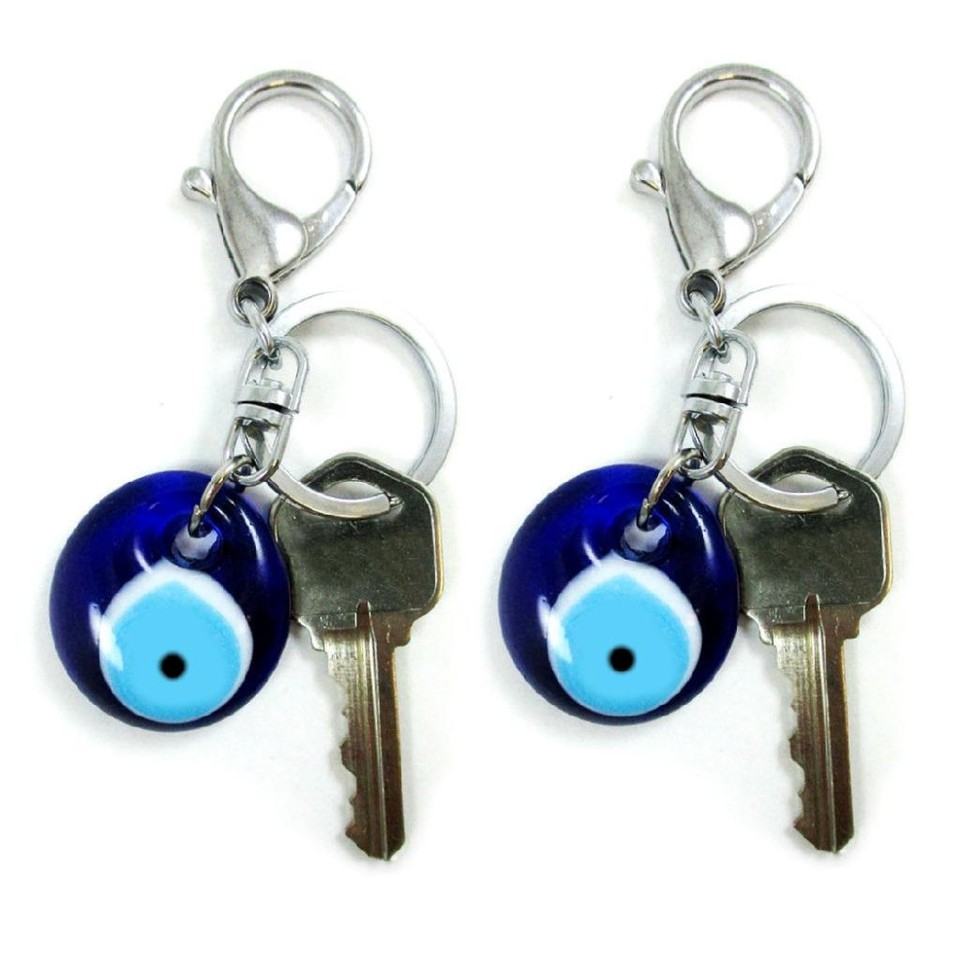 SET OF 2 EVIL EYE KEYCHAINS Blue Glass Good Luck Charm Key Chain Ring ...