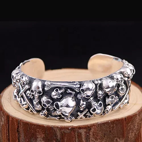 Real Solid 925 Sterling Silver Cuff Bracelet Skeletons Skulls Cross ...