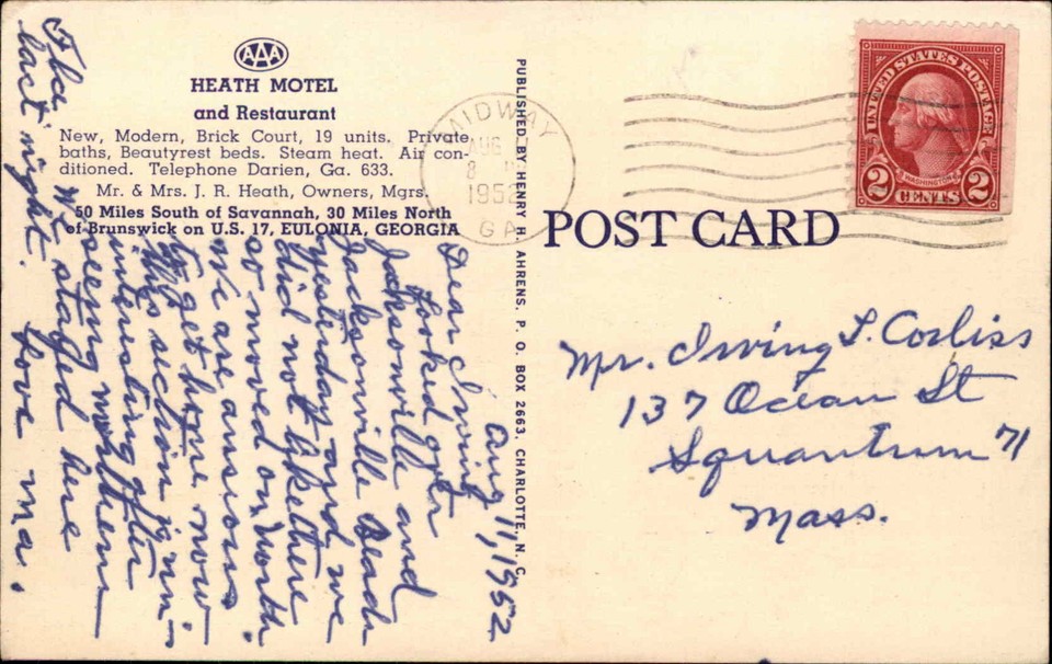 Eulonia Georgia GA Heath Motel Route 17 Multi-View Linen Vintage ...