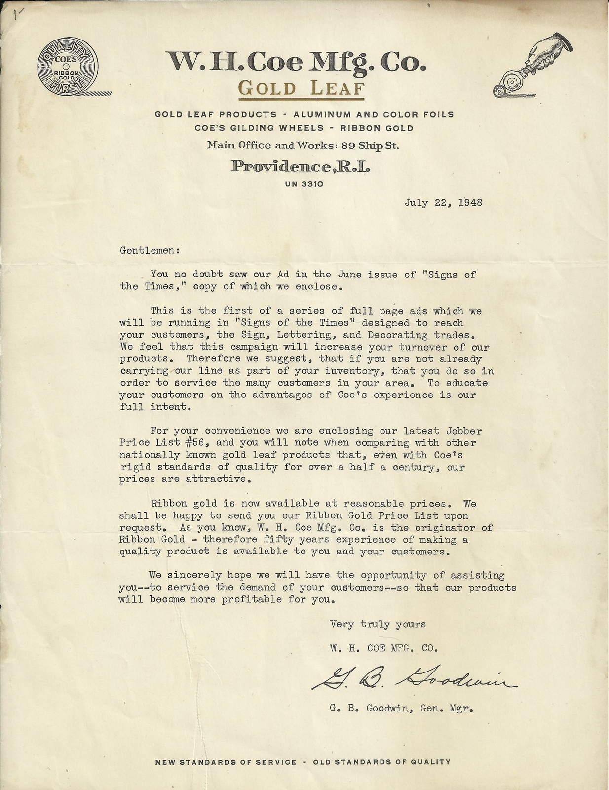 OLD VINTAGE W.H. COE MFG. CO. PROVIDENCE RHODE ISLAND 1948 LETTER ...