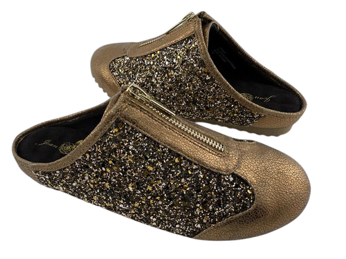 Joan Boyce NEW Gold Sparkle Zip Up Womens 7 Mules Clogs Slides Slip On ...