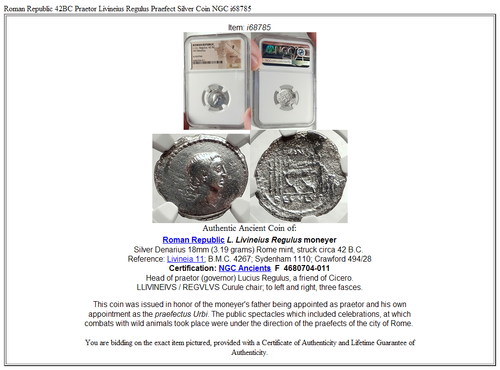 Roman Republic 42BC Praetor Livineius Regulus Praefect Silver Coin NGC ...