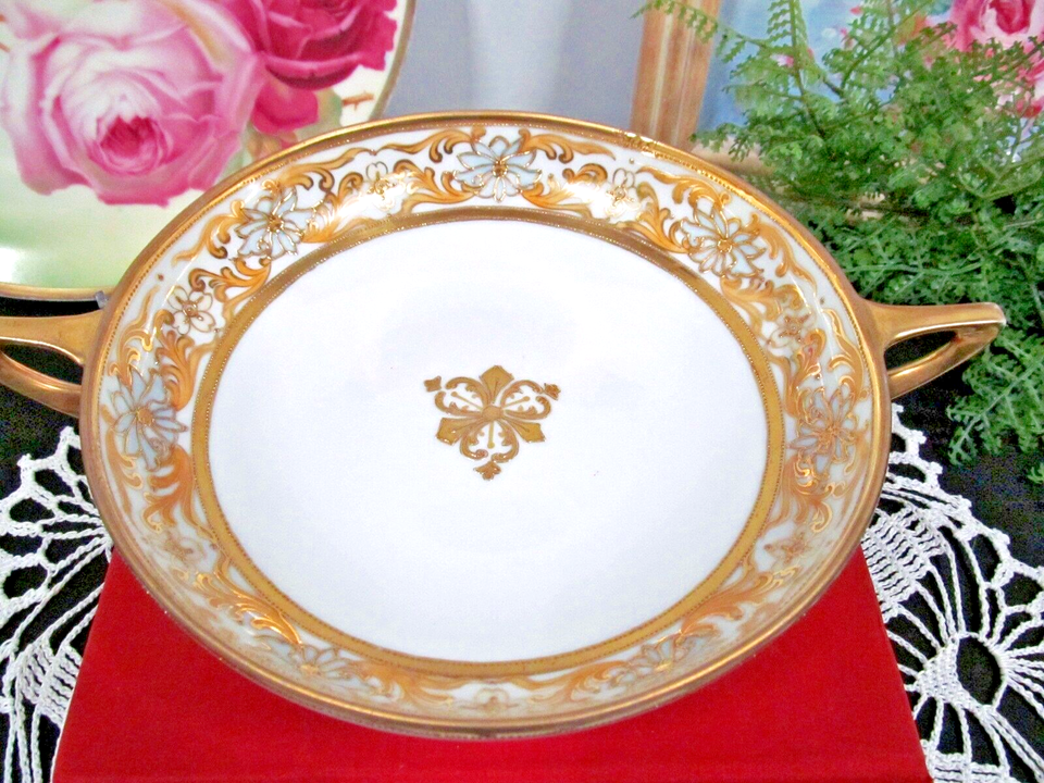 RC Nippon Japan hand painted floral handle bowl painted and beaded gold ...