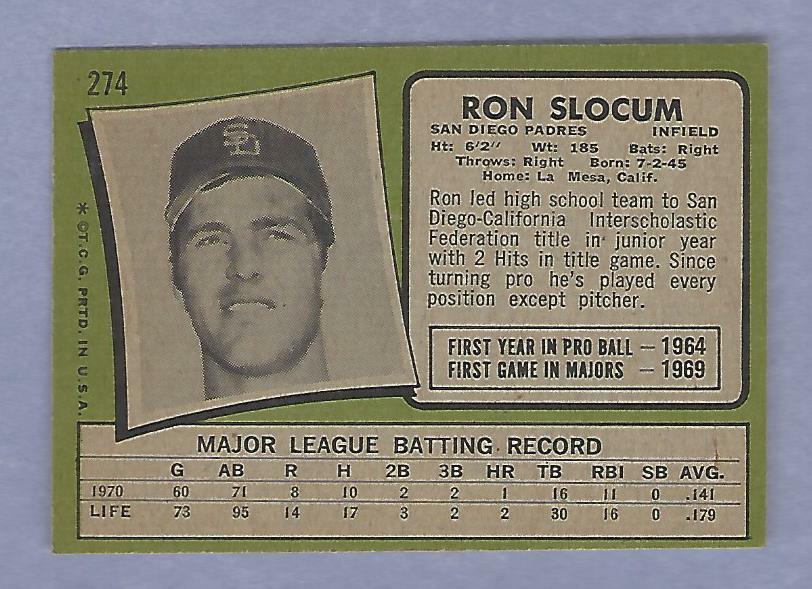 1971 Topps - #274 Ron Slocum - San Diego Padres - ExMt+ | eBay