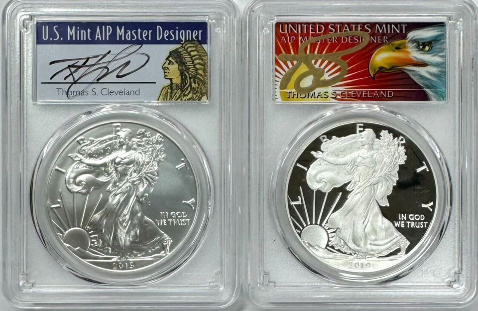 2019-W Silver Eagle Set of 2 Coins Signed by T. Cleveland, PR, SP 70 ...