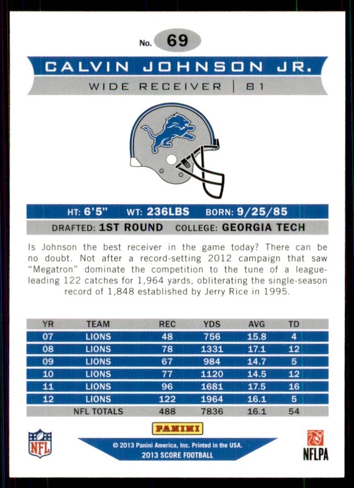 2013 Score Calvin Johnson Detroit Lions #69 NFL Football Sports Card | eBay