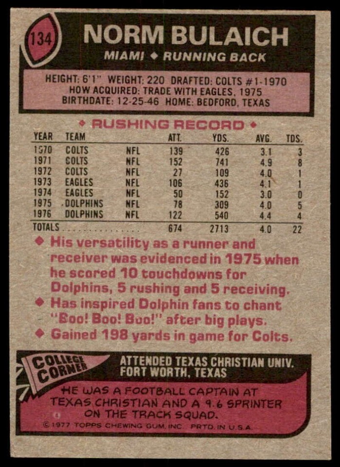 1977 TOPPS Football Vintage Trading Card #134 😎 NORM BULAICH, Miami ...