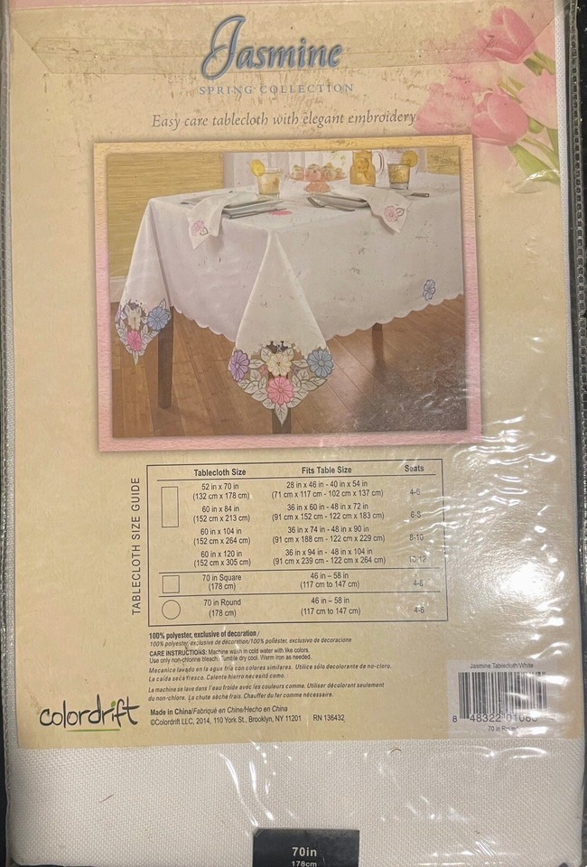 Colordrift Jasmine Easy Care Elegant Tablecloth Embroidery 70” Round ...