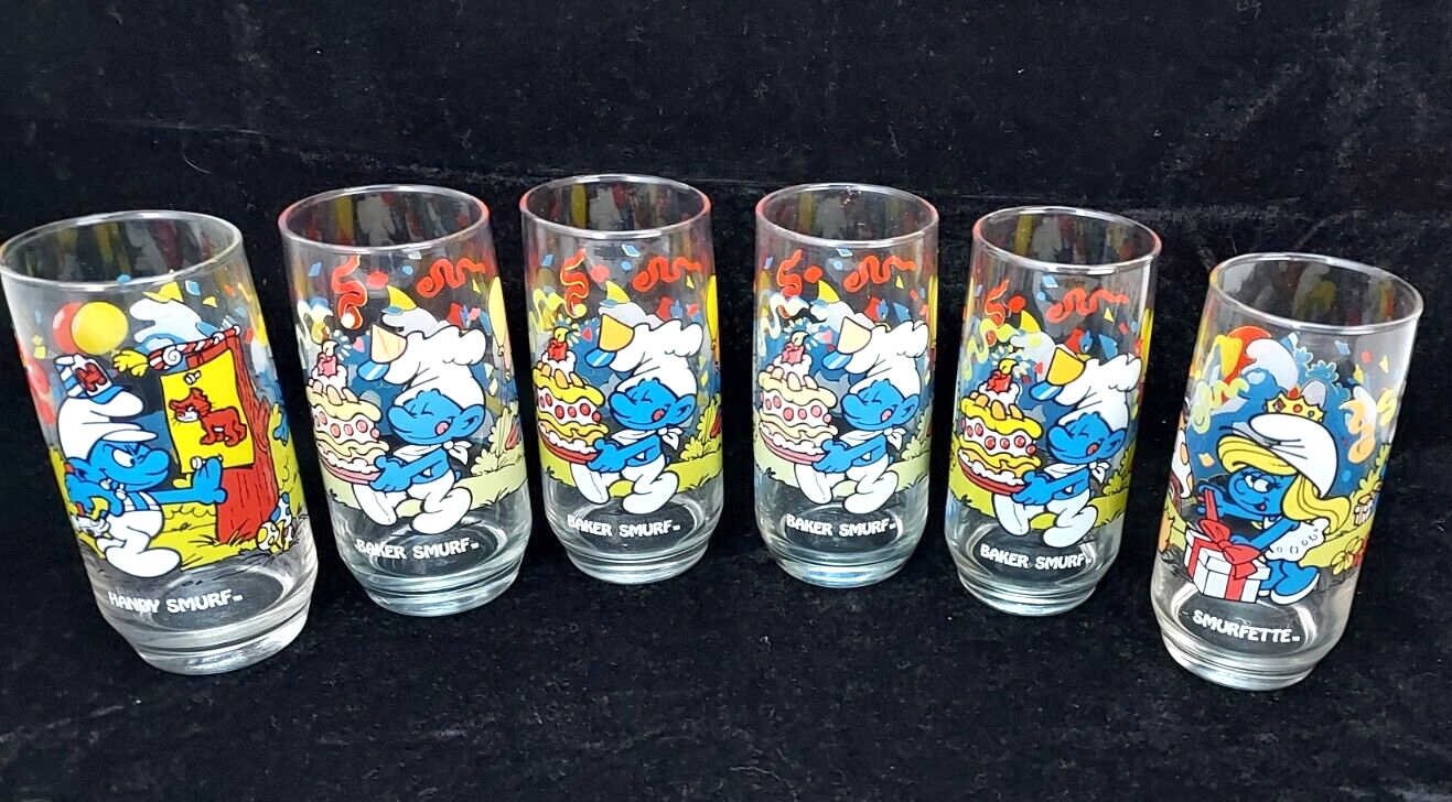 Set Of 6 Vintage Smurf Drinking Glasses 1983 3 Different Scenes ...