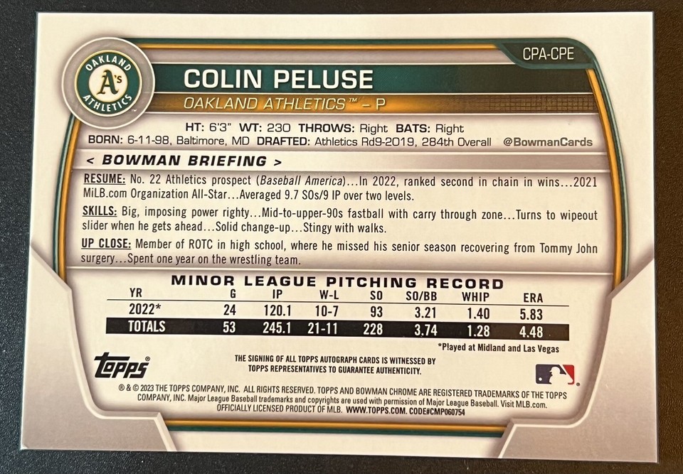2023 Bowman Baseball 1st Bowman Chrome Auto Colin Peluse Autograph CPA ...