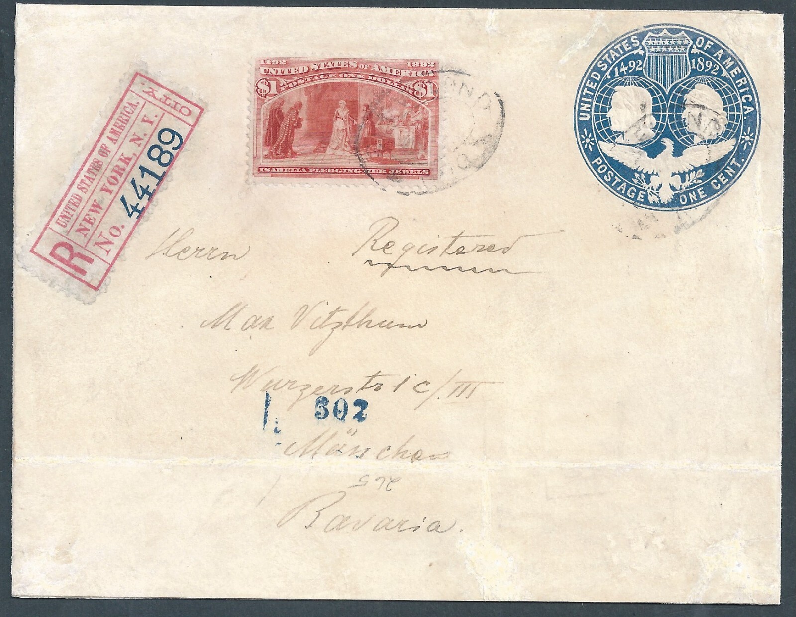 1893 #241 Columbian Registered on U348 Entire Cover NY to Germany w ...