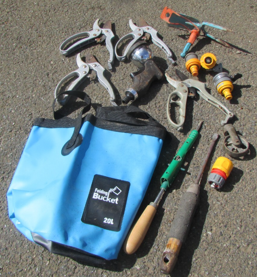 Job Lot of Gardening Tools Snips Hose Attachments Folding Bucket etc ...