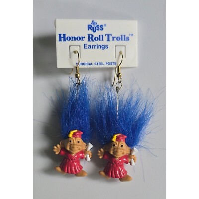 Russ Honor Roll Troll Earrings w/ Blue Hair New 80s Vintage Accessories ...