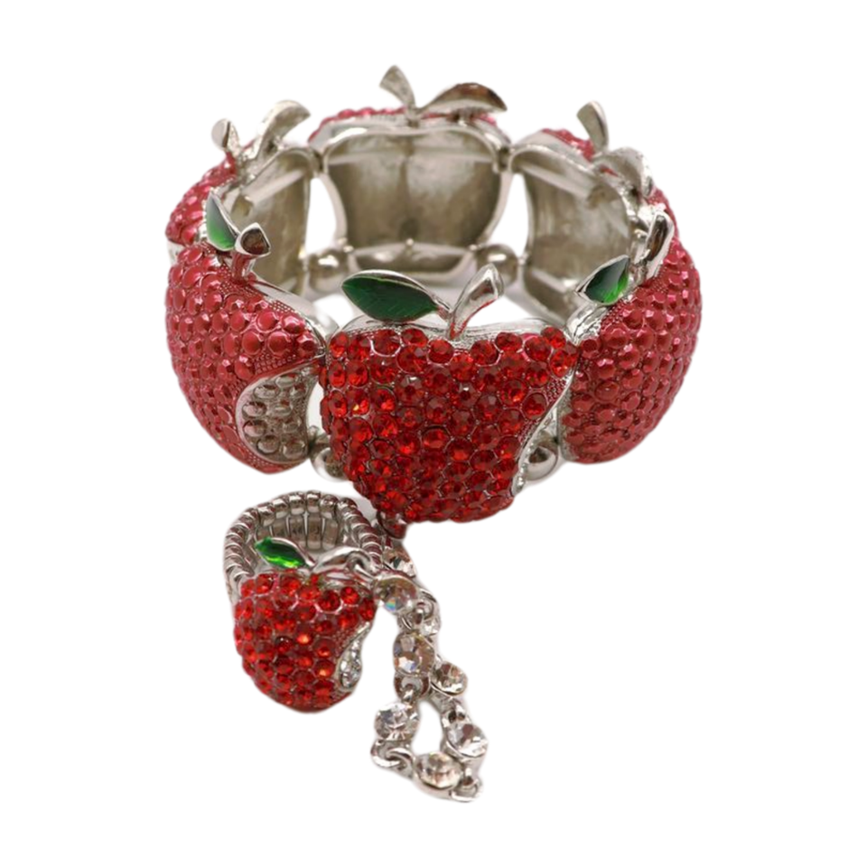 Women Silver Metal Hand Chain Red Apples Bracelet Bling Ring Halloween ...