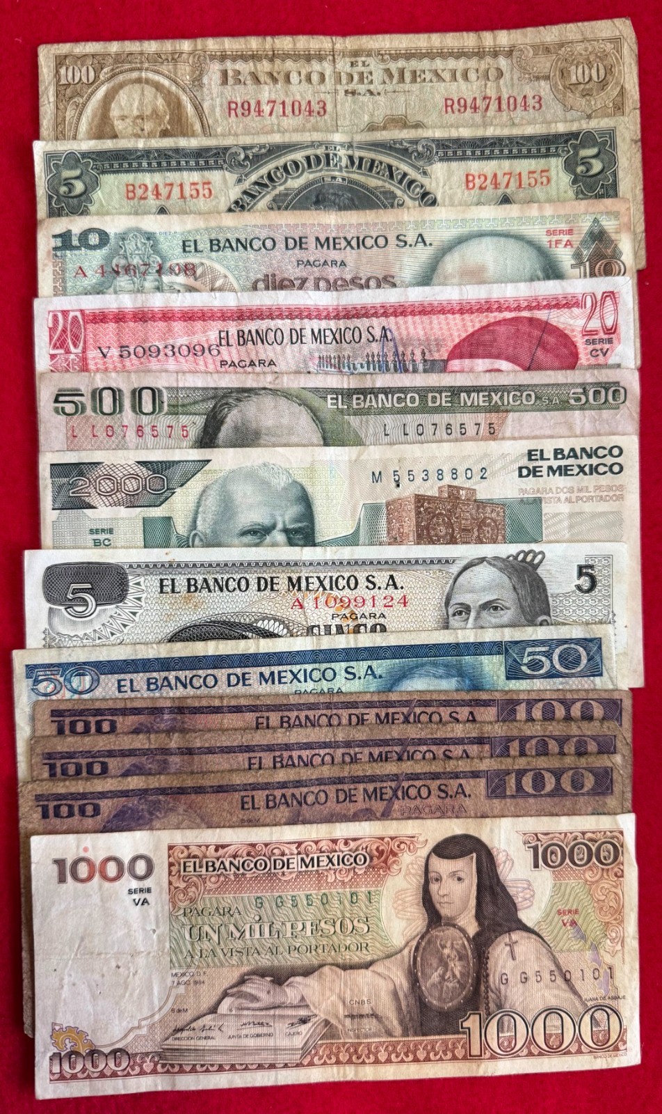 LOT of 12 MEXICO BANKNOTES SERIES MIX 5 10 20 50 100 500 1000 2000 ...