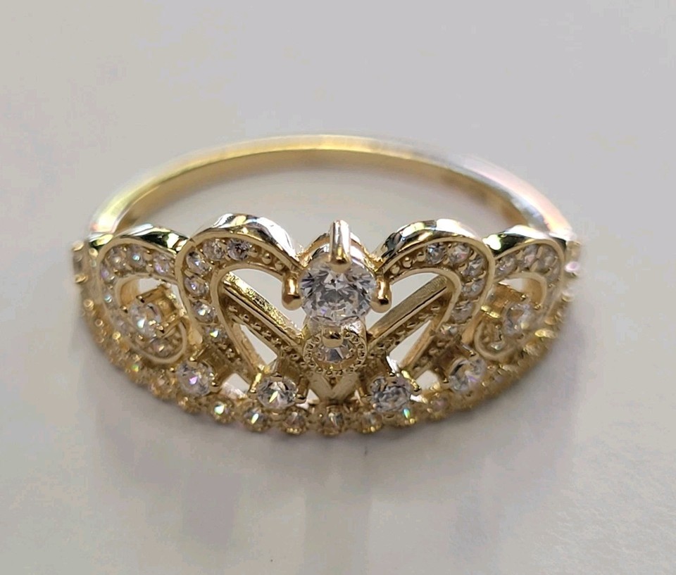 Real 14k Yellow Gold CZ Crown Princess Queen Heart Shape Ring Band ...