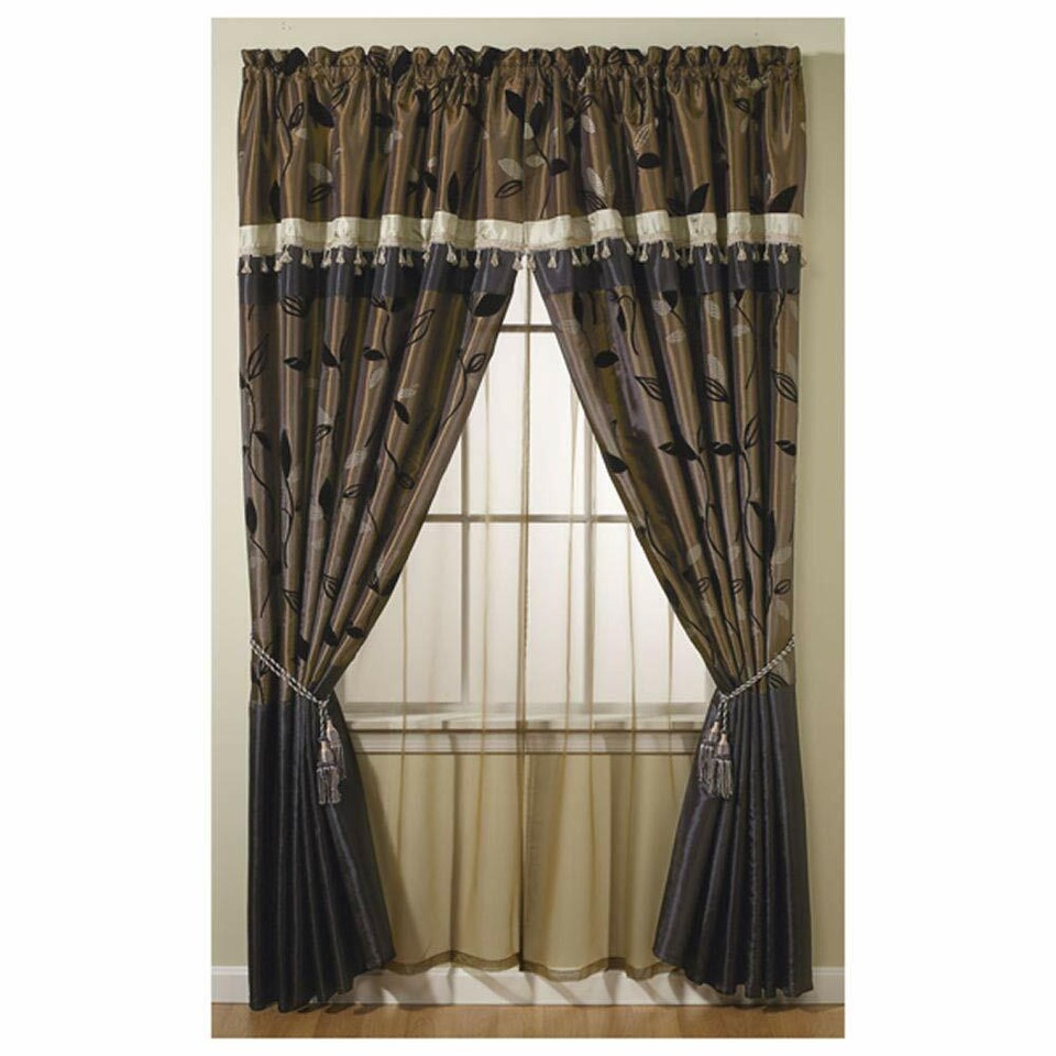 4 pc Bronze Black Gold Leaves Curtains Panels Drapes Valance Sheer Set ...
