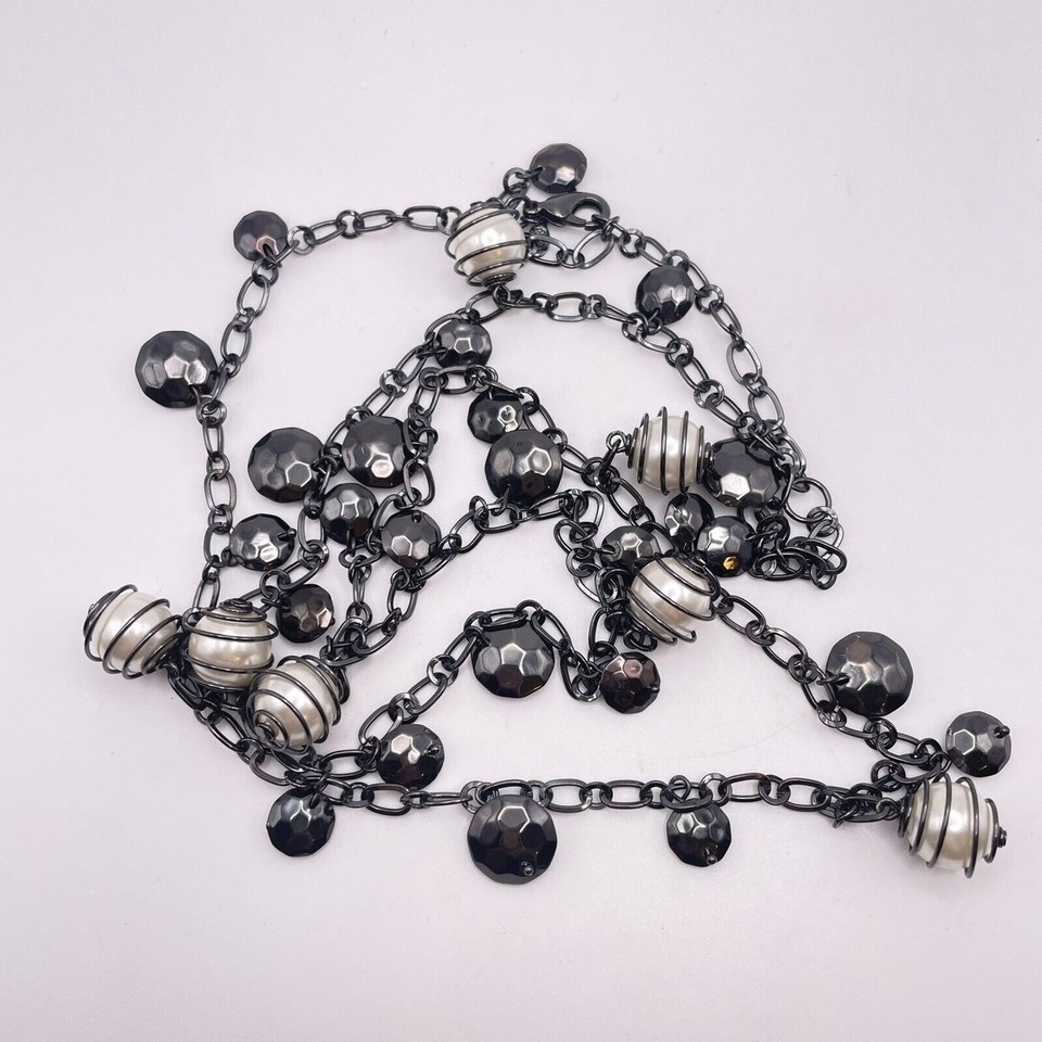 Premier Designs Long Black Chain Statement Necklace Funky Caged Pearls ...
