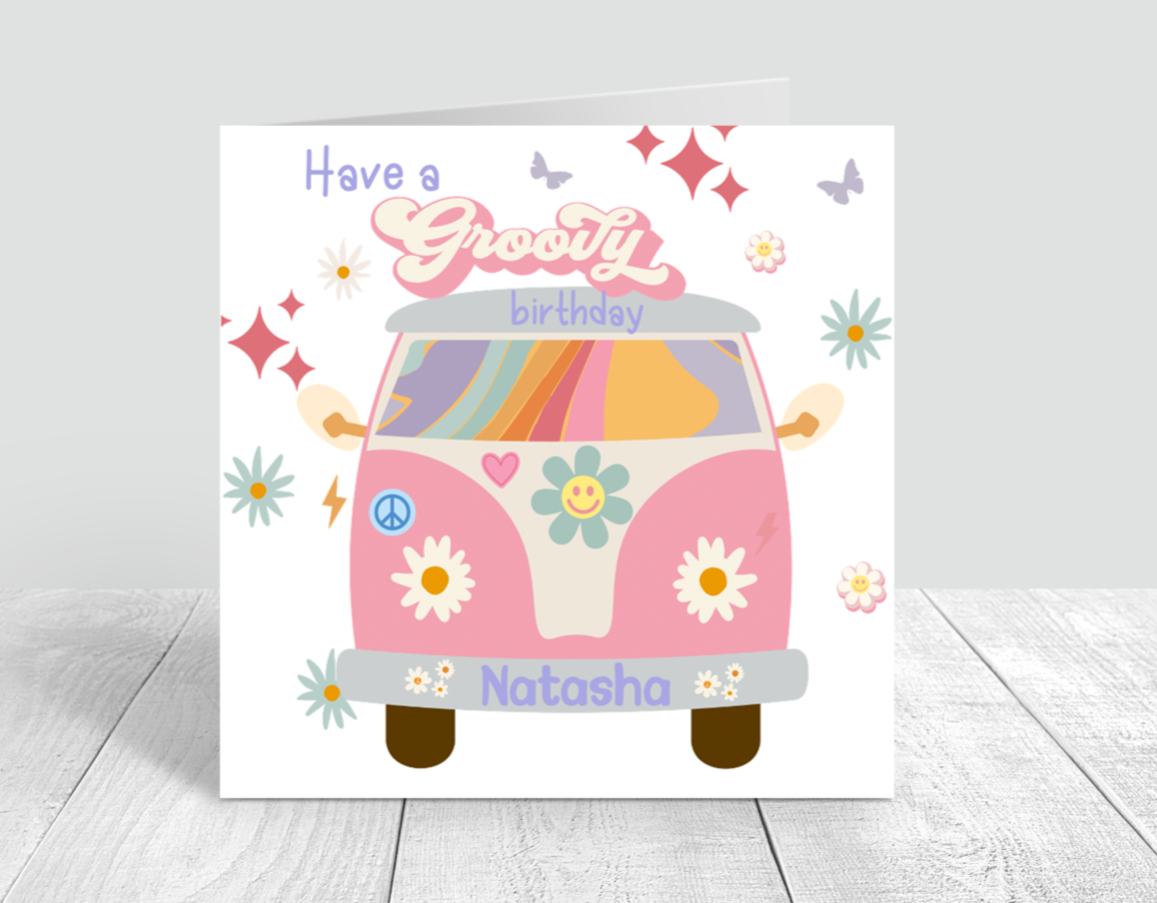 Girls Groovy Birthday Card Personalised Greetings Card Retro Campervan ...
