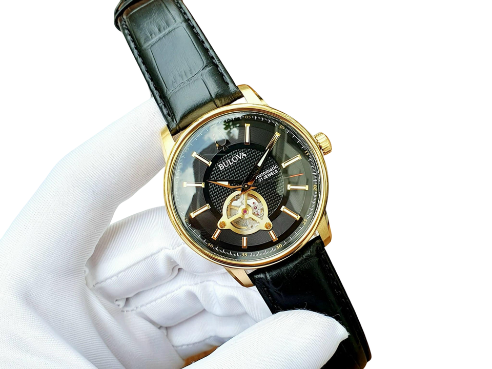 Bulova Automatic Gold Tone Black Dial Leather Band Men's Watch 97A166 ...