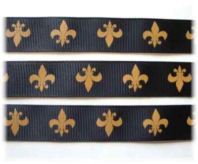 25 YARD ROLL SALE 7/8 WHO DAT GOLD FLEUR DE LIS BLACK SAINTS GROSGRAIN ...