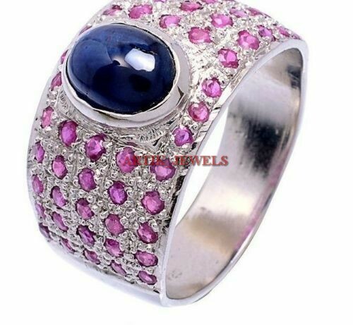 Heated Blue Sapphire & Ruby Gemstone with 925 Sterling Silver Men's ...