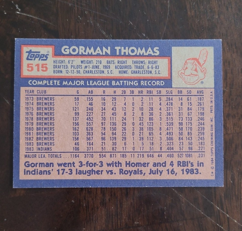 1984 Topps Gorman Thomas #515 Cleveland Indians | eBay