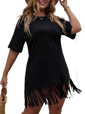Black 0XL S/S Crew Neck Pocket T-shirt Fringe Tunic Top Micro Mini ...