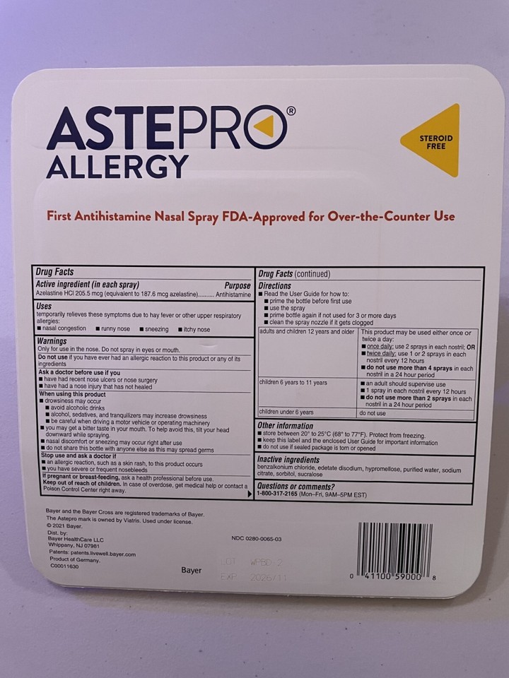 ASTEPRO Allergy Antihistamine Nasal Spray - 120 Metered Sprays, Pack of ...
