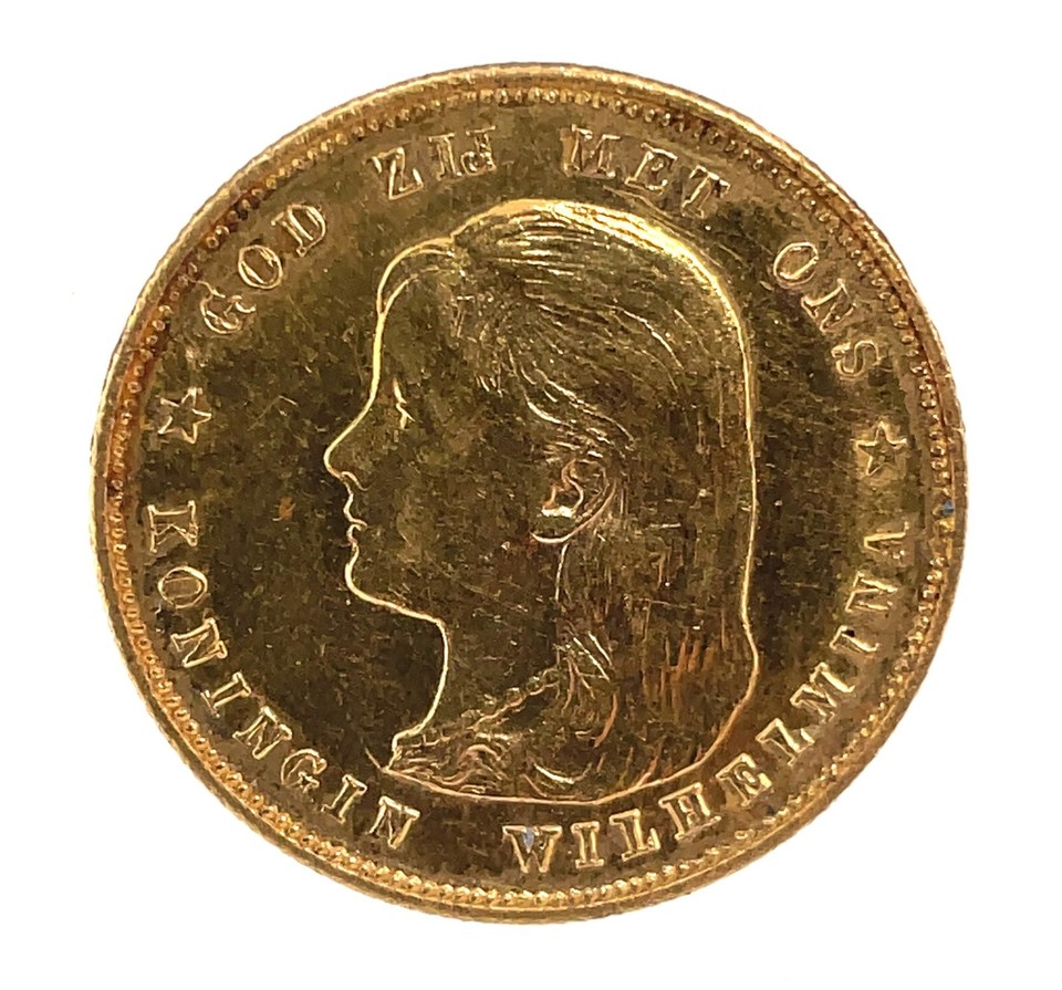 1897 NETHERLANDS Kingdom w Queen WILHELMINA Vintage Rare Gold 10 Gulden ...