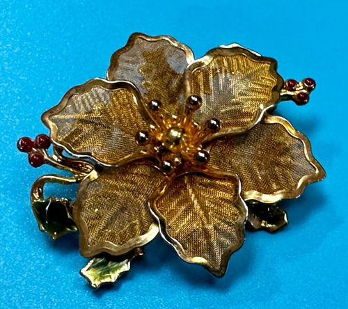 Christmas Poinsettia Flower Gold Tone Brooch Pin Signed KC Kenneth Cole ...