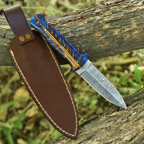 9" DAMASCUS STEEL CUSTOM PINE CONE HANDLE DOUBLE-EDGED HUNTING DAGGER ...
